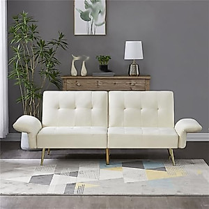JFUYJK Velvet Futon Sofa Bed, Convertible Sleeper Loveseat Couch with Folded Armrests and Storage Bags for Small Space