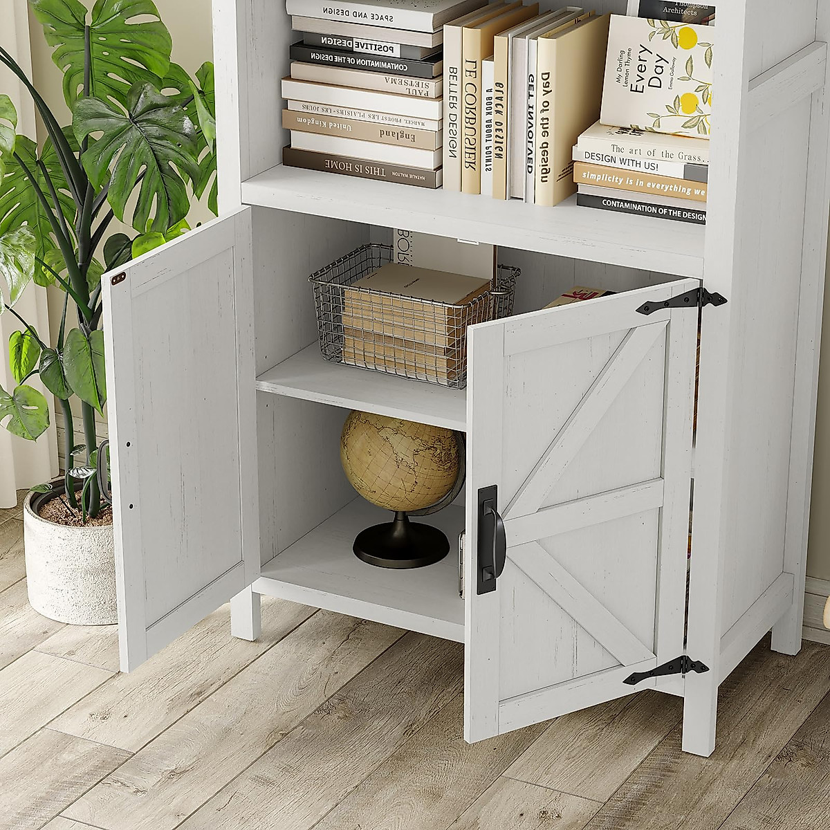 Furnihold Farmhouse Bookcase and Bookshelf with Doors, 5-Shelf Bookcase Adjustable Bookshelf, Wood Bookcase Tall Storage Cabinet for Bedroom, Office Room, Living Room, Off White