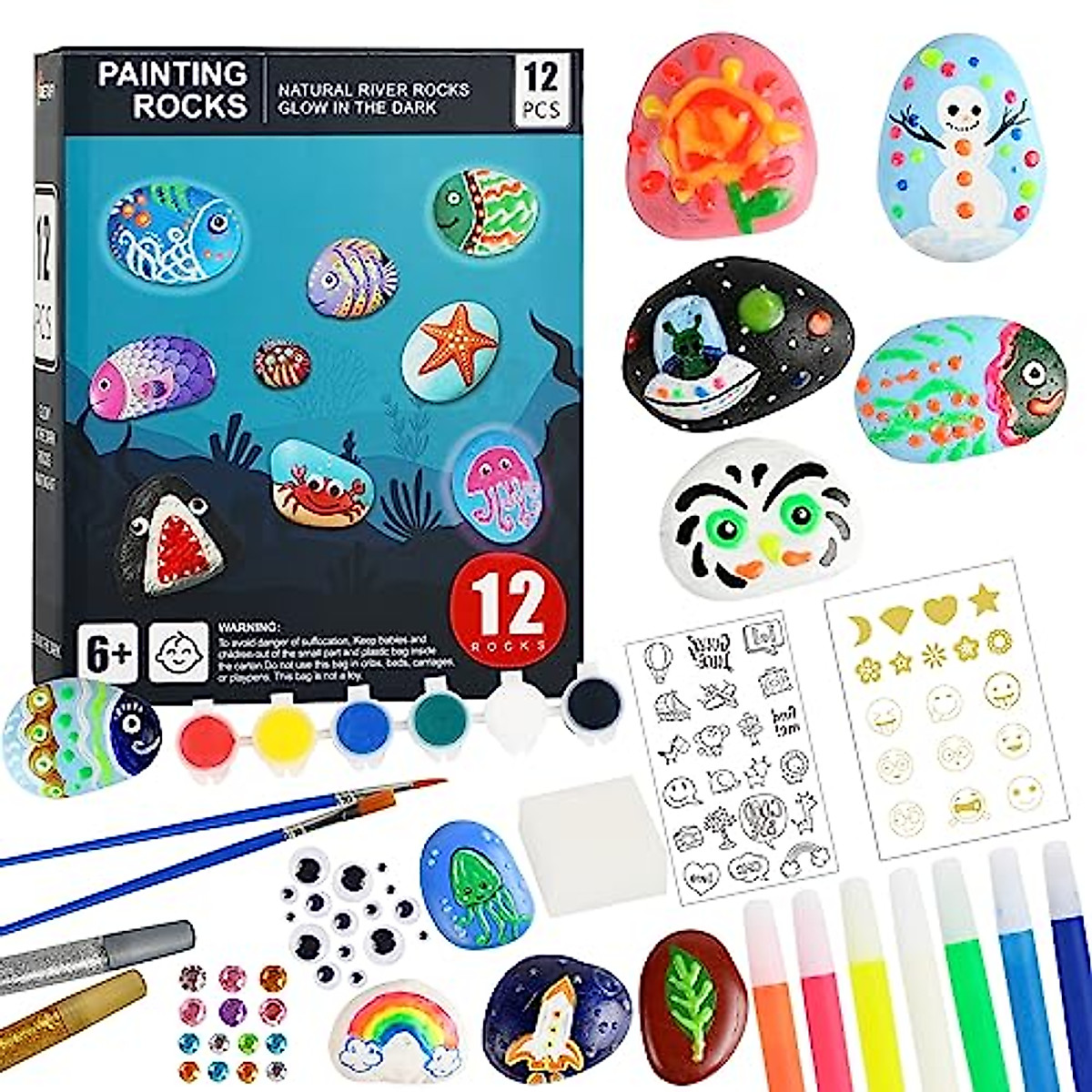 Simetufy 12 Rocks Painting Kit, Glow in The Dark Rocks to Paint, Arts and Crafts for Kids, Smooth Flat Rocks with Art Supplies, Creative Outdoors Activity Kit for Boys Girls, Ages 4-6, 6-8, 8-12+