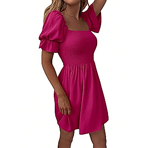 WDIRARA Women's Square Neck Flounce Short Sleeve Shirred Ruffle Hem Dress Hot Pink Solid L