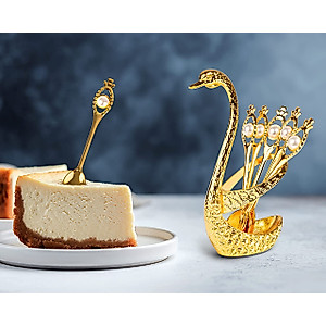 Coffee Spoon Set, Metal Swan Base Holder Dessert Spoon Organizer with 6pcs Spoons Teaspoon Dessert Flatware Set for Coffee Fruit Dessert Ice Cream Cake (Gold)