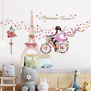 RW-9006 3D Flower Fairy Wall Decals Romance Paris Eiffel Tower Wall Stickers DIY Removable Girl Riding Bike Butterfly Floral Light Tower Decor for Girls Women Bedroom Living Room Nursery Decoration