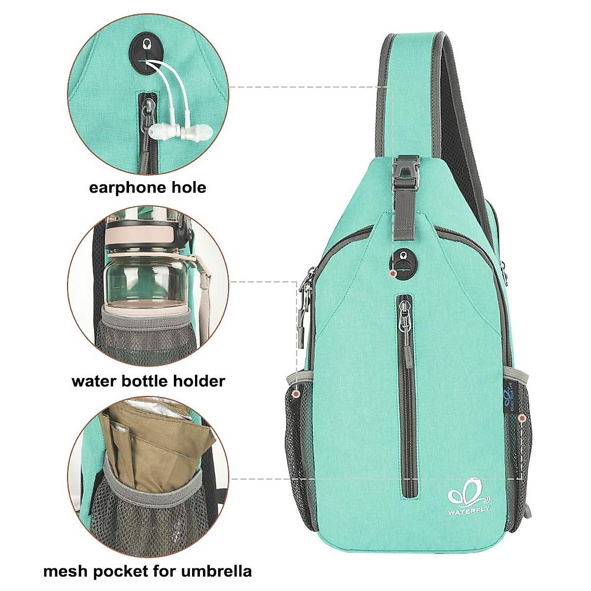 WATERFLY Crossbody Sling Backpack Sling Bag Travel Hiking Chest Bag Daypack