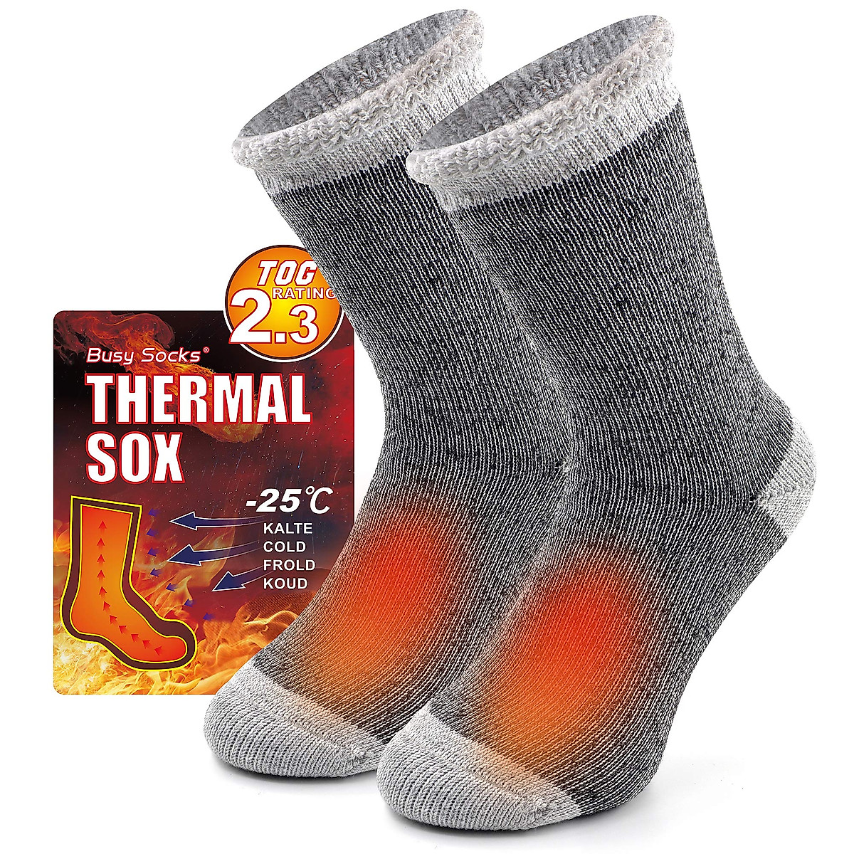 Busy Socks Winter Warm Thermal Socks for Men Women Extra Thick Insulated Heated Crew Boot Socks for Extreme Cold Weather, Medium, 1 Pair Light Grey