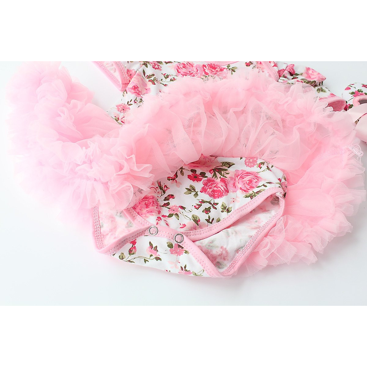 Baby Girls 3 Piece Sets Romper Dress Shoes and Headband Rose Flower Outfits Clothes Pink S:3-6Months