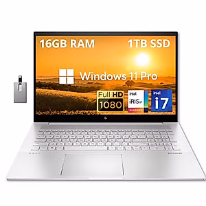 HP Envy 17.3” FHD (1920 x 1080) Laptop, Intel Core i7-1260P, 16GB RAM, 1TB PCIe SSD, Band & Olufsen Audio, HD Webcam, Wi-Fi 6E, Bluetooth, Silver, Windows 11 Pro, 32GB Hotface USB Card (Renewed)