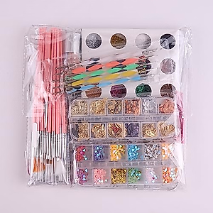 FANDAMEI Nail Art Kit, Nail Design Tools Kit with Nail Art Brushes, Nail Dotting Tools,Fine Glitter,Nail Butterfly, Nail Heart Glitter Sequins, Nail Foil Flakes, Nail Art Rhinestones, Nail Dust Brush