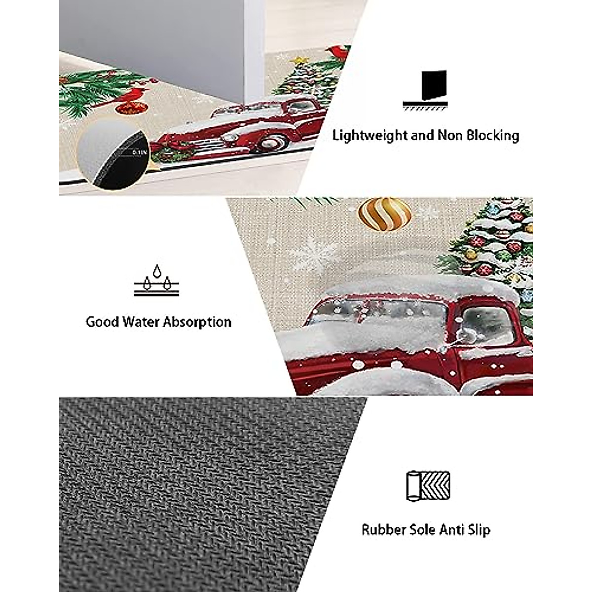 Christmas Red Truck Bath Mat for Tub,Non Slip Bathroom Floor Runner Rug Quick Dry & Absorbent Diatomaceous Earth Shower Sink Kitchen Washable Doormat,Farmhouse Pine Tree Berry Snowflake 16x24+16x47