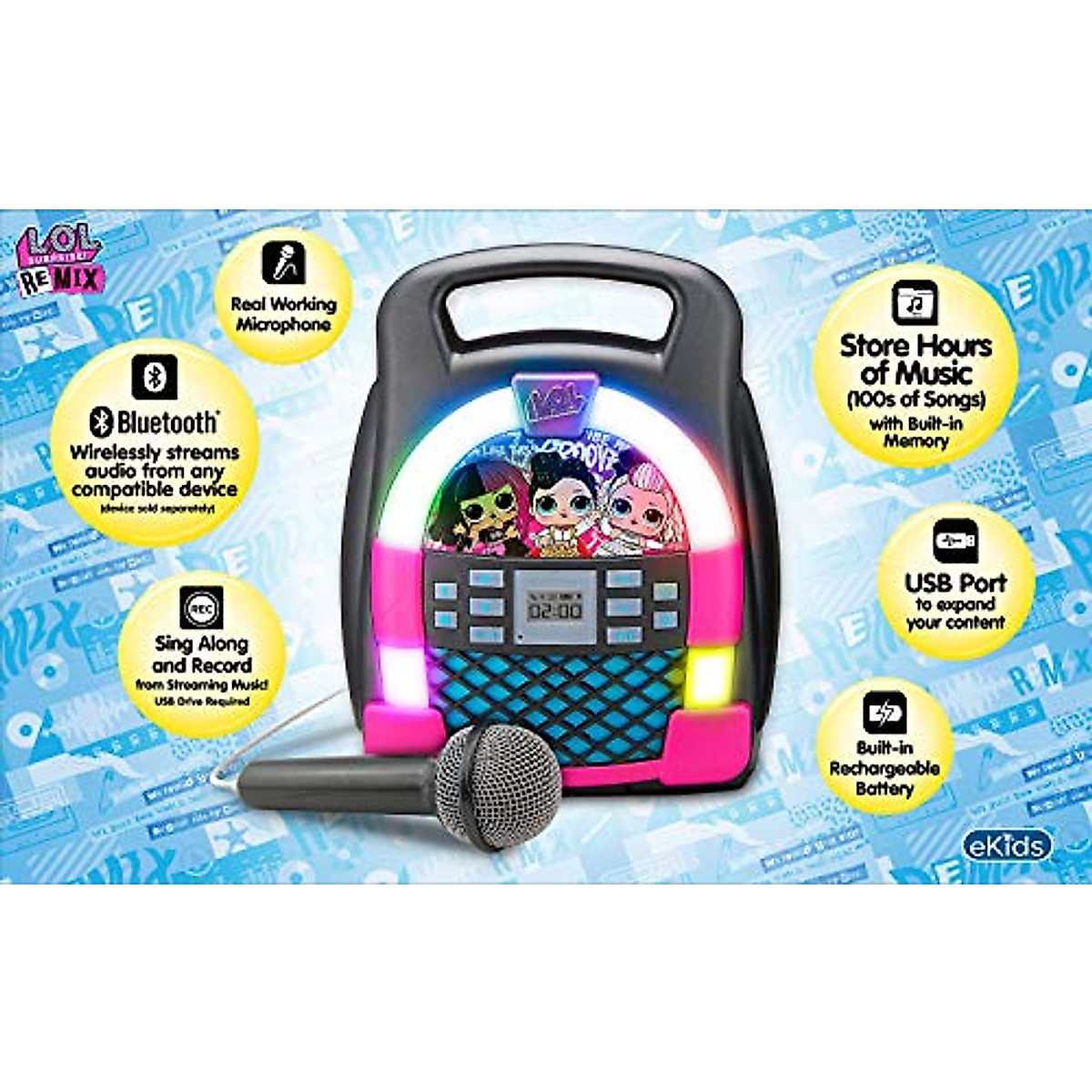 LOL Surprise! Remix OMG Bluetooth Karaoke Machine MP3 Player Portable with LED Disco Light Show, Store Hours of Music with Built in Memory, Record, Real Working Microphone, USB Port