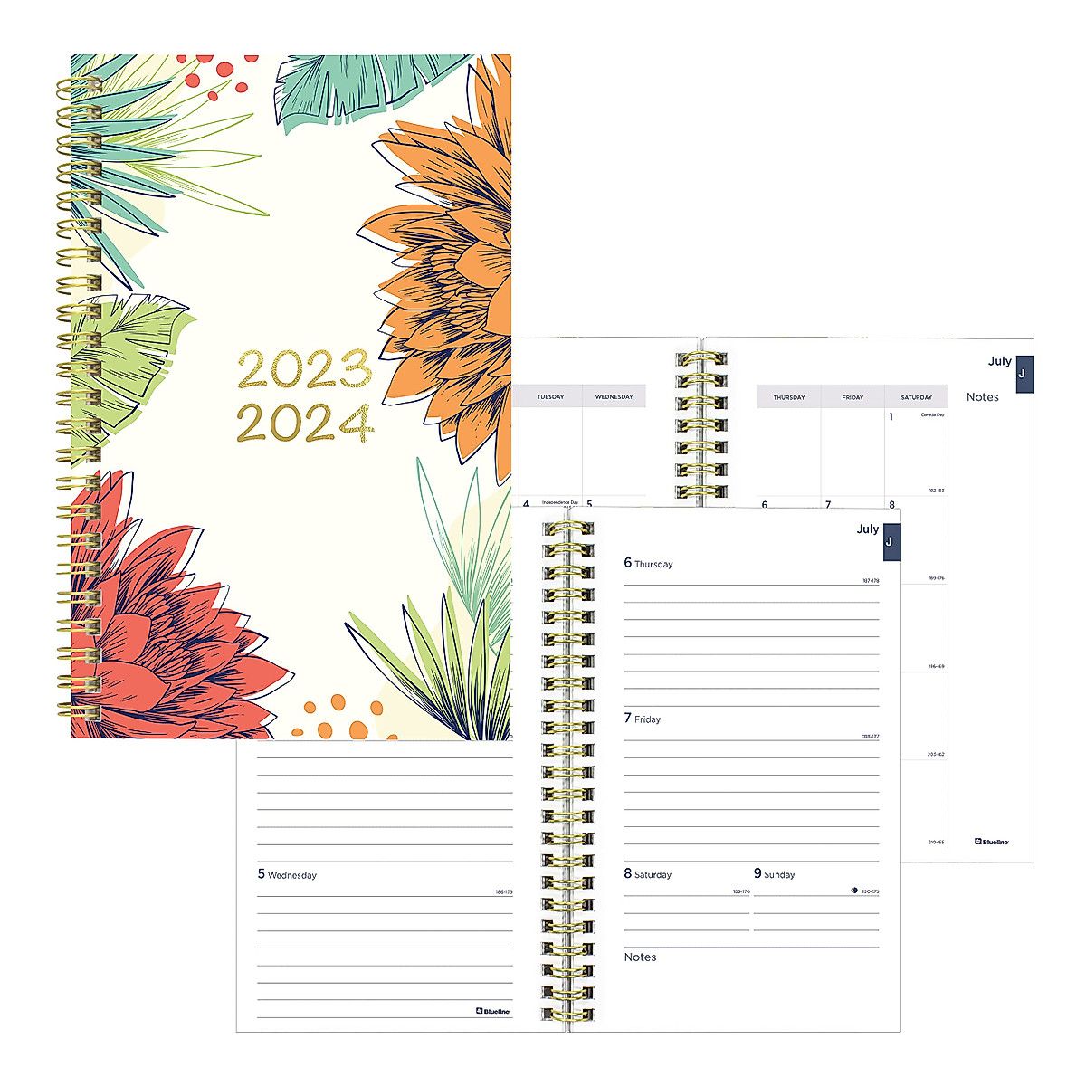 Blueline Essential Academic Weekly/Monthly Planner, 13 Months, July 2023 to July 2024, Gold Twin-Wire Binding, Poly Cover, 8" x 5", Tropical Design, Breeze (CA114PM.01-24)
