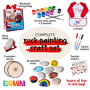 Rock Painting Kit for Kids | Arts & Craft Kits for Girls & Boys with 10 Assorted River Rocks, Acrylic Paints, Paintbrushes, Art Smock, Paint Markers, Stickers & Loads More
