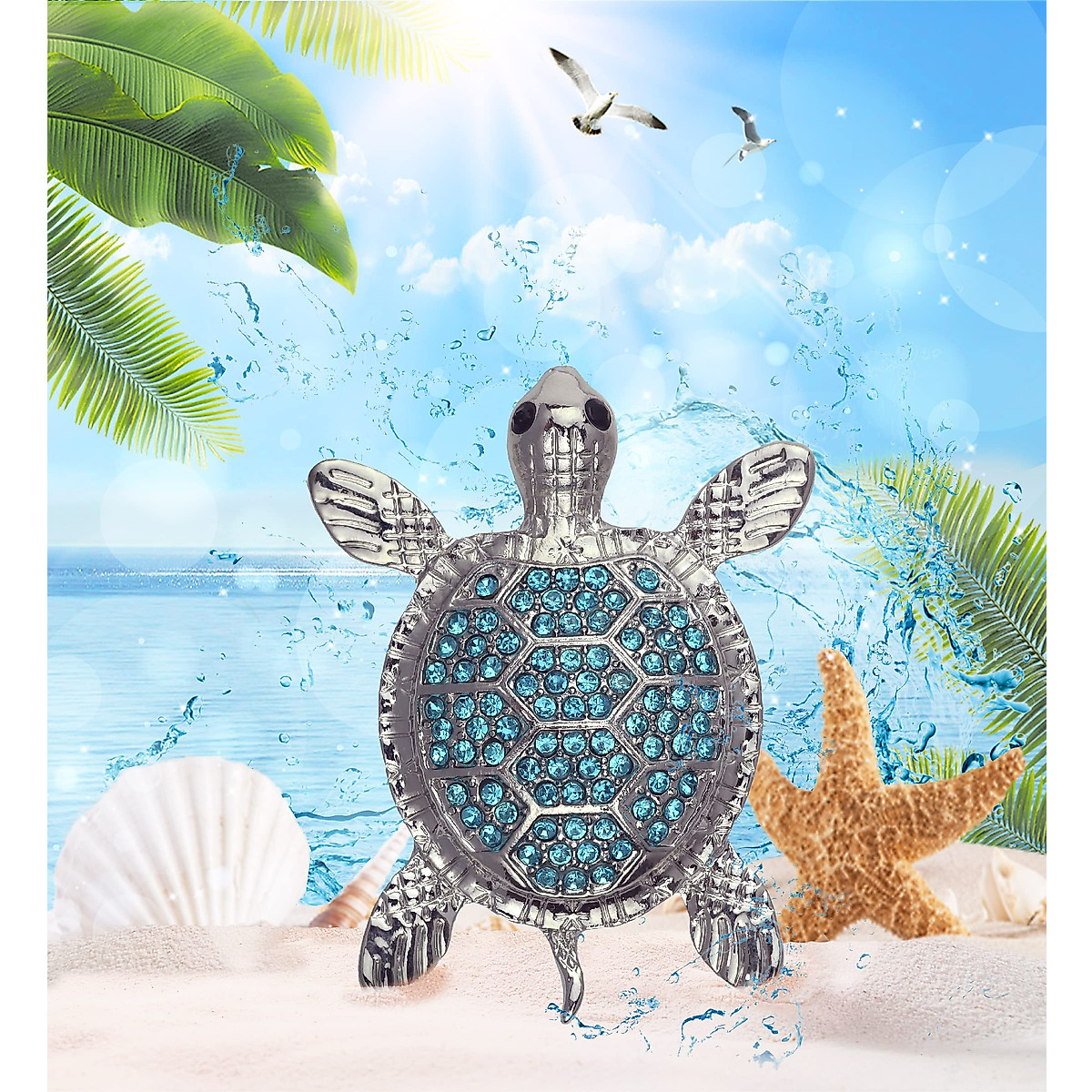 Aqua79 Blue Sea Turtle Sparkling Refrigerator Magnet - Silver Sparkling Charm Rhinestones Crystals, Sparkly Animal Magnet for Kitchen Door Fridge, Cool Home and Office Novelty Decor – 2.12 Inch