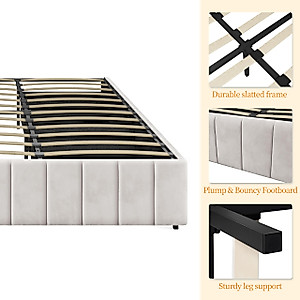 Yaheetech King Bed Frame Upholstered Platform Bed with 4 Storage Drawers, Large Storage Space/Strong Wooden Slats/Non-Slip and Noise-Free/No Fixed Headboard/No Box Spring Needed/Beige King Bed