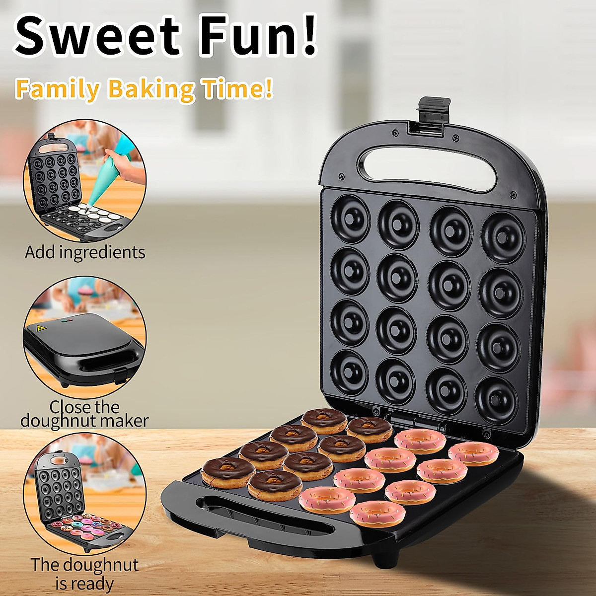 Mini Donut Maker, Mini pancakes maker Machine, Bake 16 Mini Doughnuts, Non-stick Surface, cake machine, Double-sided heating, Perfect for Breakfast, Snacks, Desserts & More