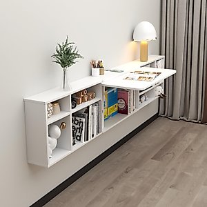 Bixiaomei 80'' Floating Desk with Storage Shelves, Wall Mounted Desk Laptop Computer Writing Study Table, Folding Drop Leaf Table, Multifunctional Computer Workstation for Small Space