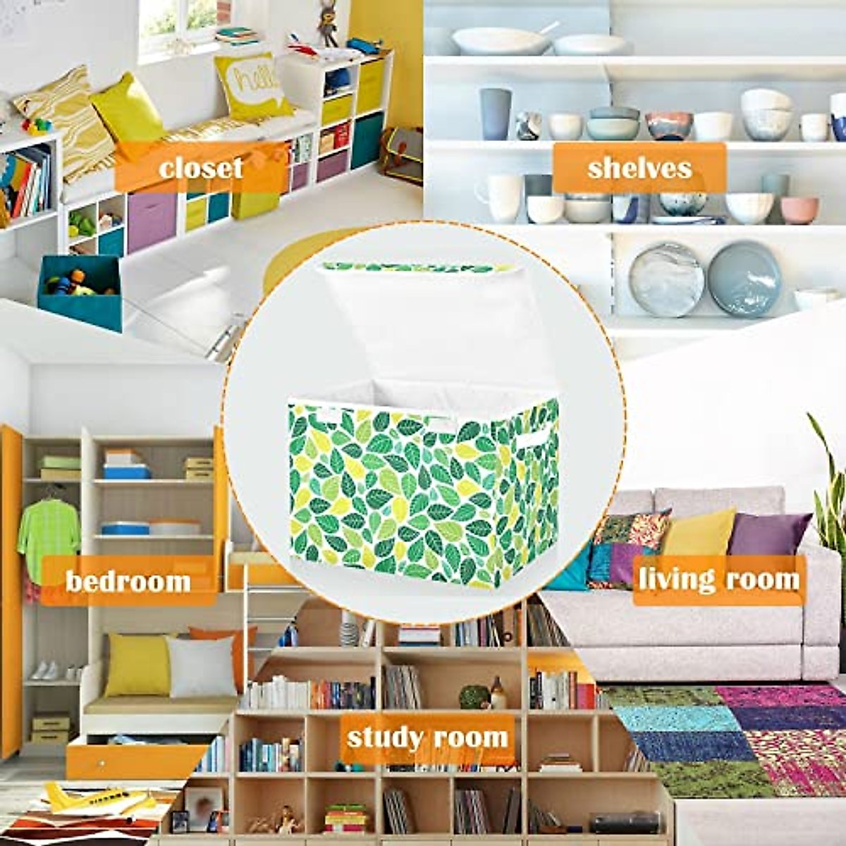 CaTaKu Abstract Leaf Storage Bins with Lids and Handles, Fabric Large Storage Container Cube Basket with Lid Decorative Storage Boxes for Organizing Clothes