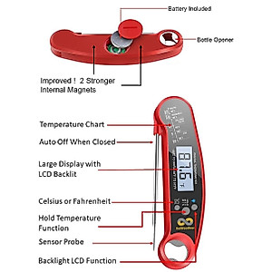 RedWoodBest Digital Meat Thermometer Instant Read Waterproof with Backlight & Calibration, Magnet and Bottle Opener, Best for Kitchen, Food, BBQ, Grill, Deep Fry, Baking, Candy, Indoor Outdoor Cooking