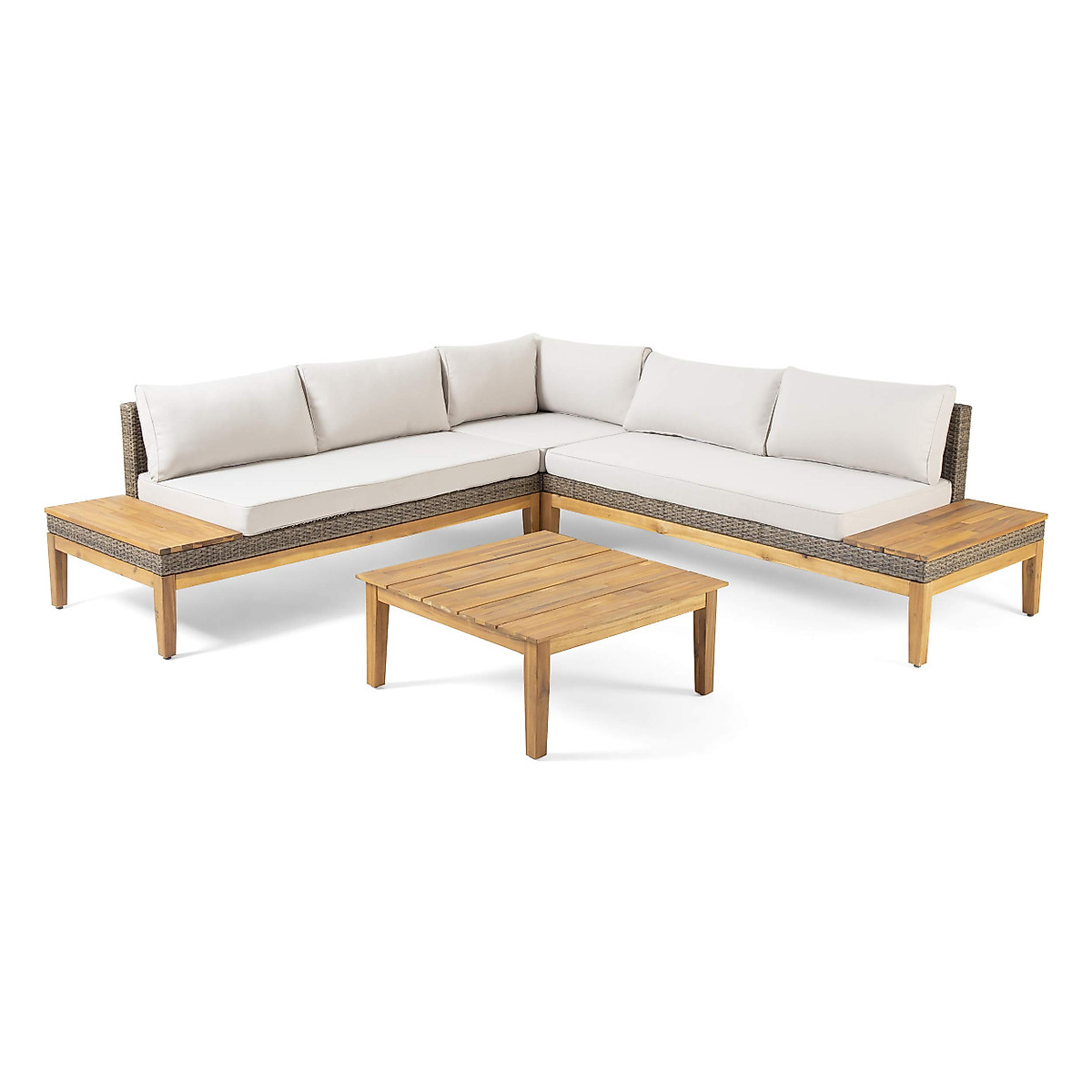 GDFStudio Outdoor Acacia Wood and Wicker 5 Seater Sectional Sofa Set with Water-Resistant Cushions, Teak and Light Khaki