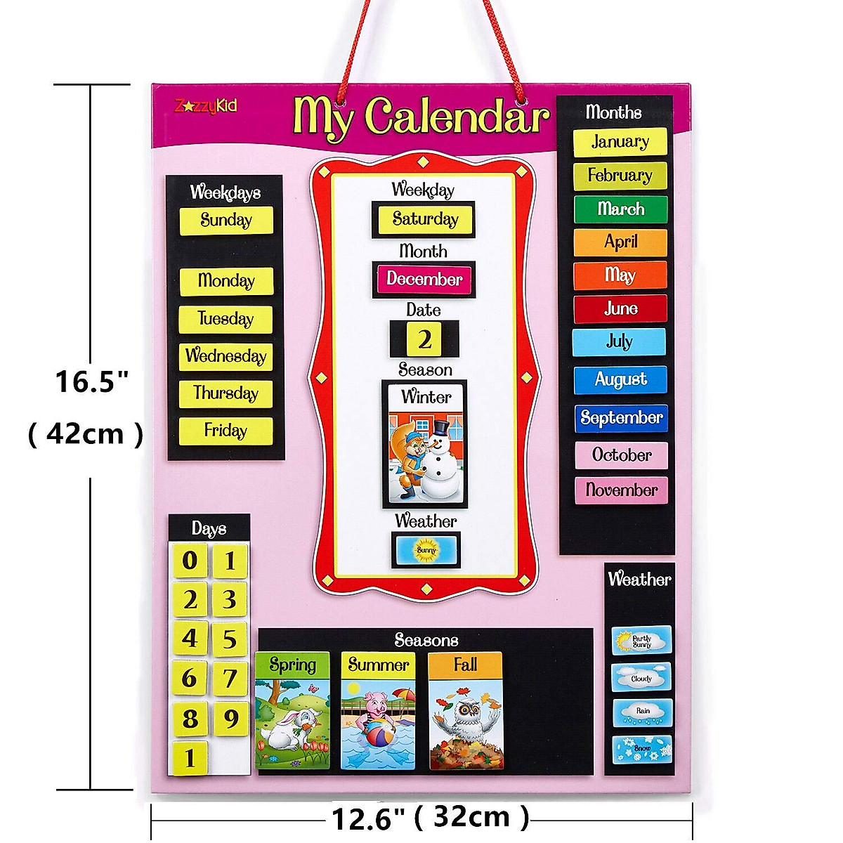 ZazzyKid Magnetic Calendar & Weather Chart for Kids - Preschool Daily Calendar Learning for Days of the Week, Months, Weather & Season Pink