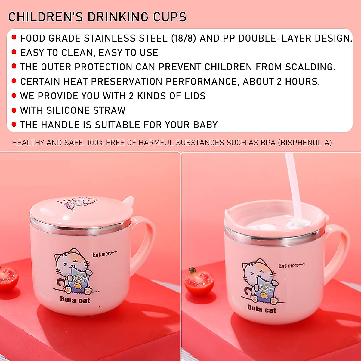 SIMPHONY Stainless Steel Toddler Cups for Kids (EASY to Clean)，Baby Mug for Milk，BPA Free Lids & Reusable Silicone Straws, 9.5oz (Blue)