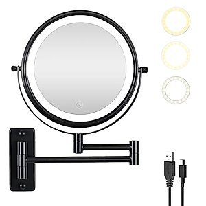 mumianshu Vanity Mirror with Lights, 8" 1x /10x Double Sided Magnifying Mirror, Wall Mount Makeup Mirror with LED 3 Color Lights, Dimmable, Bathroom Lighted Cosmetic Mirror