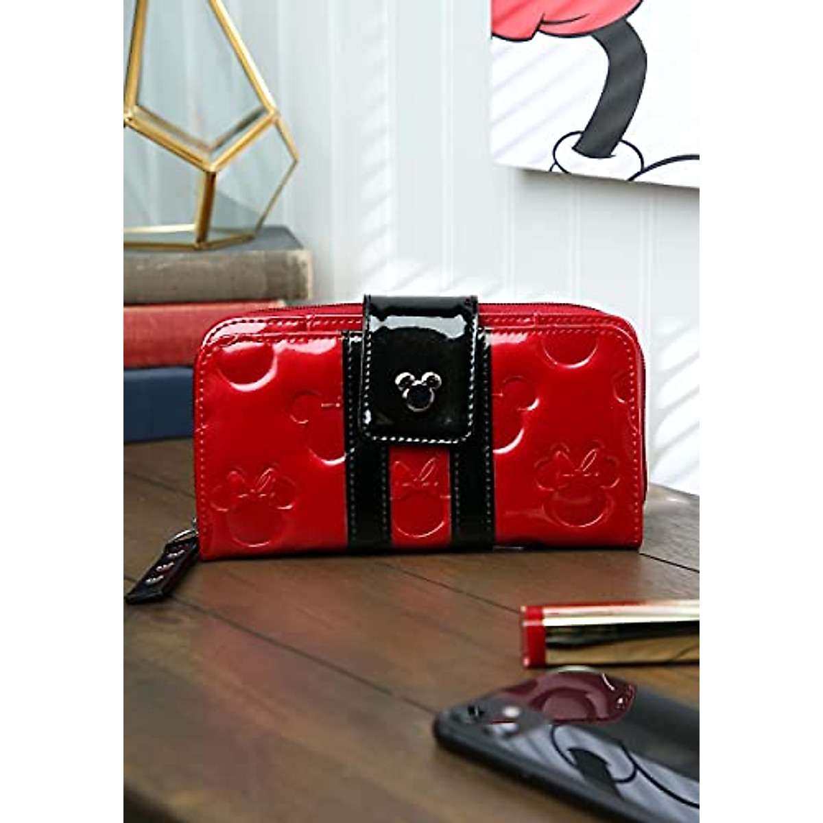 Disney Mickey and Minnie Embossed Wallet,Red and Black patent,One Size