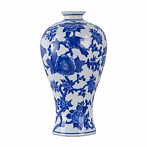 A&B Home 13'' Blue White Porcelain Jar Flower Planter Pot Home Decor Vase Hand Painted Floral Print Tall Vase Asian Decorations