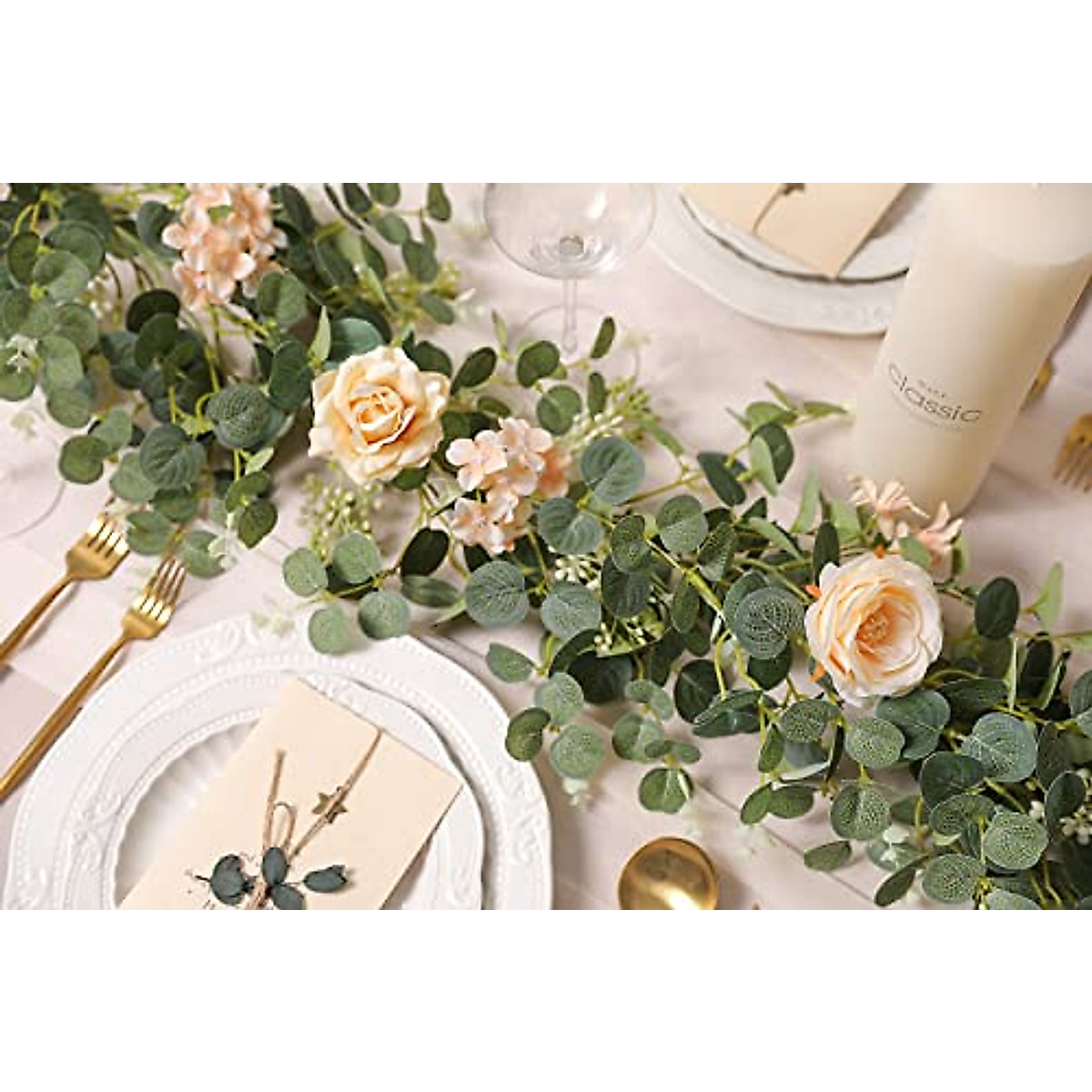 Serra Flora 6FT Artificial Flowers Eucalyptus Garland with Roses Flower Vine Greenery Hanging Plant for Wedding Party Arch Table Arrangement Indoor Outdoor Backdrop Wall Decor