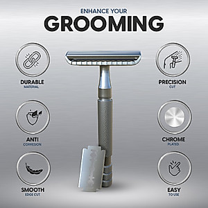 VETERAN OWNED COMPANY. Safety Razor, single blade, Chrome Double Edge Safety Razor, with 10 Platinum Coated Double Edge Safety Razor Blades. This shaver will last a lifetime.