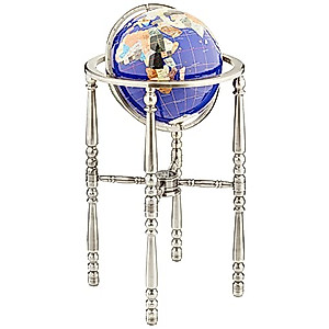 Unique Art 36-Inch by 13-Inch Floor Standing Blue Lapis Gemstone World Globe with Silver 4-Leg Stand