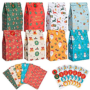 DECORLIFE Christmas Treat Bags, 48 PCS Christmas Paper Bags with Stickers, Party Favor Bags for Kids, Assorted Xmas Goody Bags in 8 Designs for Holiday Gift-giving
