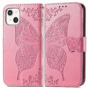 Designed for iPhone 13 Case Wallet for Women,Flip Folio Cover with Butterfly Embossed PU Leather Kickstand Credit Card Holder Slots Magnetic Wrist Strap Protective Phone Case for iPhone 13 (Pink)