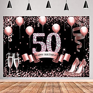 Sensfun Rose Gold Happy 50th Birthday Backdrop for Women Glitter Diamonds Balloons High Heels Birthday Photography Background Fifty Years Old Age Fabulous 50 Birthday Party Decorations Banner 7x5ft