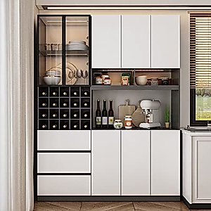 FAMAPY Kitchen Hutch Storage Cabinet with Wine Storage & Glass Doors and Lights, Storage Cabinet Bar Cabinet with Adjustable Shelves, White and Dark Grey (63”W x 15.7”D x 82.6”H)