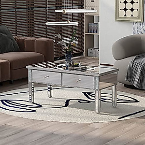 OPTOUGH Modern Glass Mirrored Coffee Table with 2 Drawers, Cocktail Platform with Crystal Handles and Adjustable Height Legs for Living Room, Silver