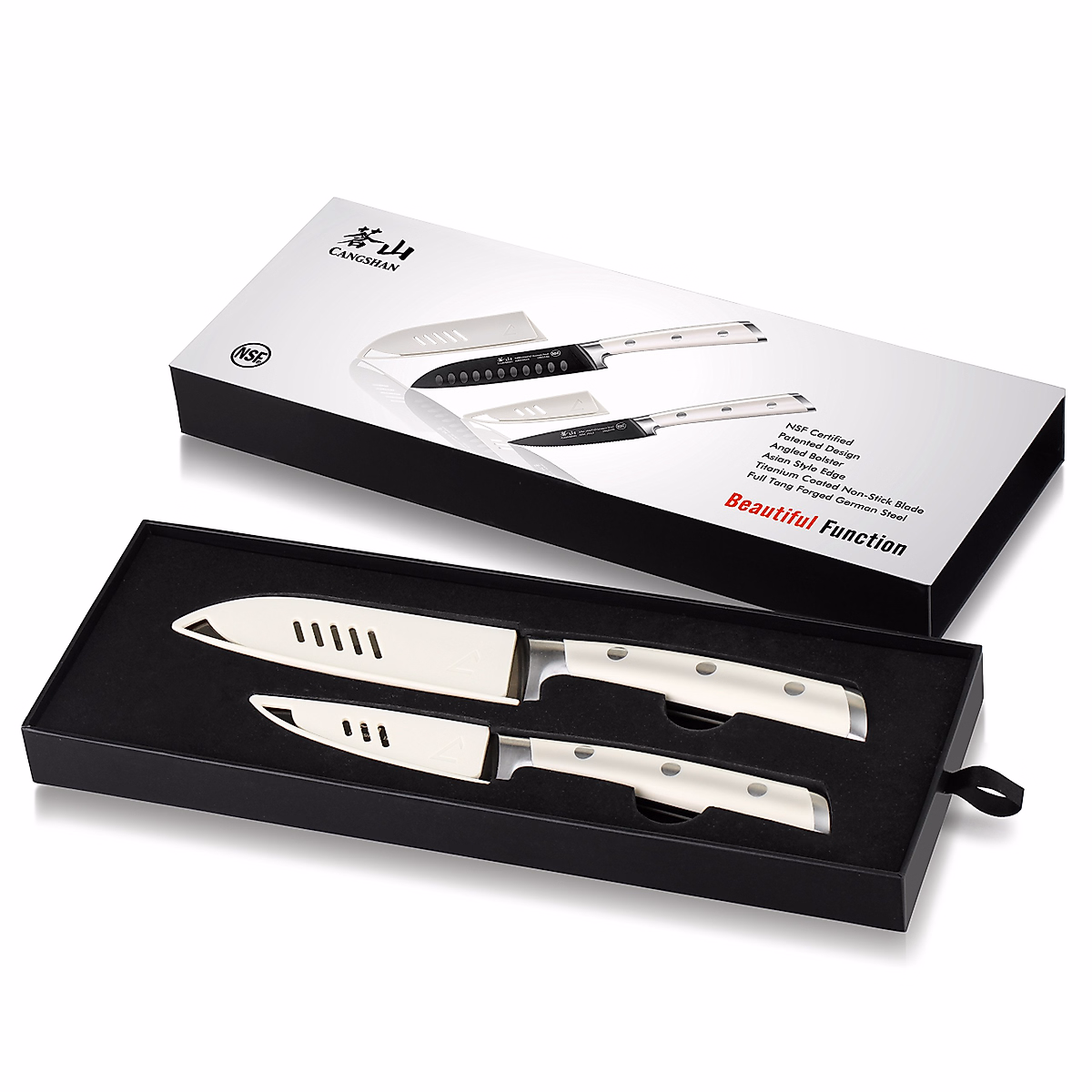 Cangshan S+ Series 1022100 German Steel Forged 2-Piece Titanium Coated Santoku Starter Knife Set with Sheaths, Vanilla White