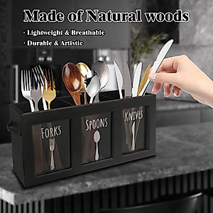 Mibcocny Wood Utensil Caddy For Kitchen Counter, Silverware Organizer Countertop, Spoon And Fork Organizer With Handles, Flatware Cutlery Knife Holder For Party Hosting Storage (Black)