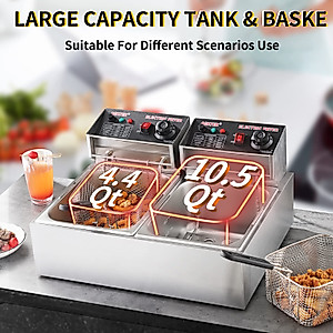 Commercial Electric Deep Fryer, AGKTER, Dual Tank Stainless Steel Deep Fryer with Basket & Lid, Over-Temperature Protection, Ideal for Restaurant and Home Use - 10.5qt+10.5qt, 1500W+1500W, 110V