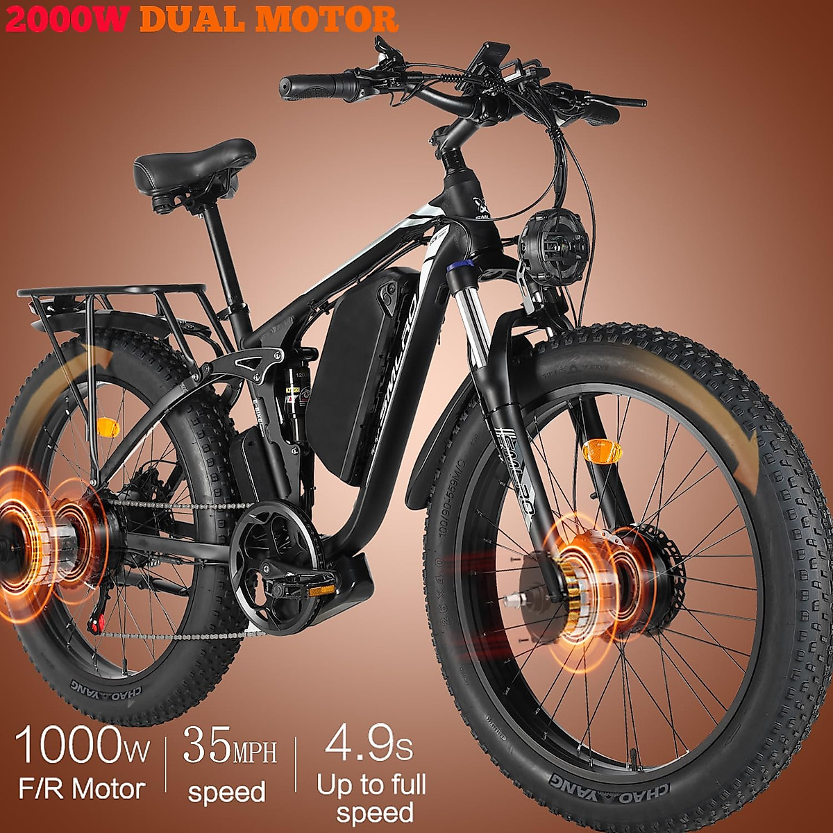 (US in Stock) SMLRO V3 Plus Dual Motors MTB with Rear Shock Absorber, 22.4AH 2000W 26" Fat Tire Electric Bike 35MPH, Mountain AWD E-Bike Suspension Electric Bicycle Ebikes for Adults (Black & Grey)