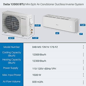 DELLA 12000 BTU Wifi Enabled Mini Split Air Conditioner & Heater Ductless Inverter System, 17 SEER 110-120V Energy Efficient Unit w/ 1 Ton Heat Pump, Cools Up to 550 Sq. Ft. (FZ Series)