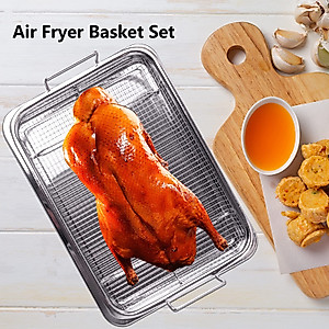 FXTNKYY Stainless Steel Air Fryer Basket for Oven,Air Fryer Basket Set with 50 PCS Parchment Paper,Air Fryer Pan with Crisper Tray and Pan