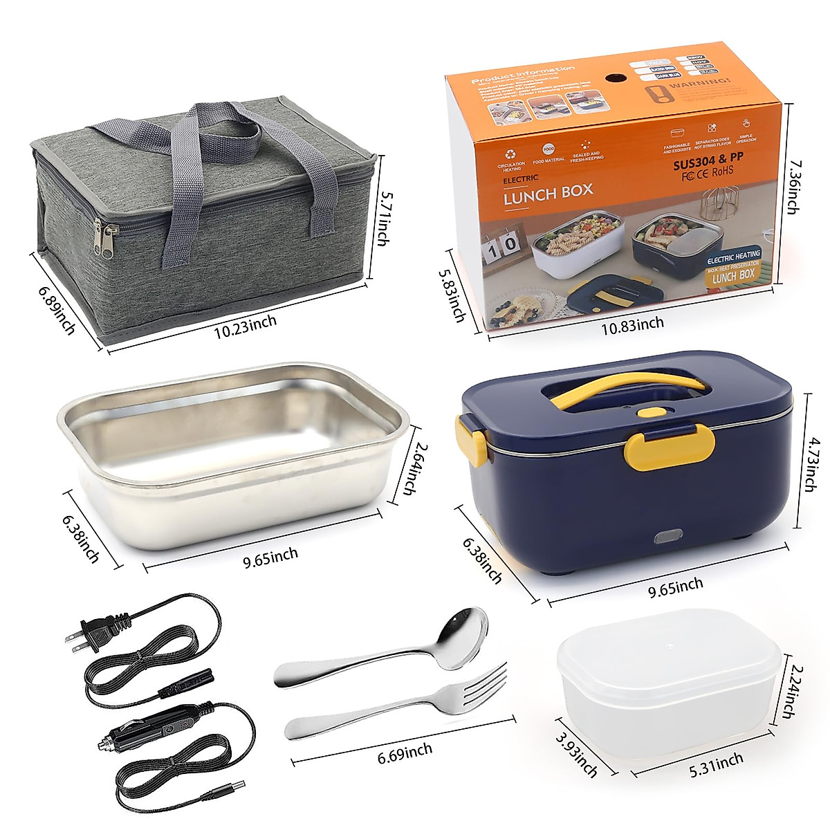 2L Electric Lunch Box,80W Portable Food Warmer Lunch Box Fast Heated Lunch Boxes for Adults,Rechargeable 12V 24V 110V Self Heating Lunch Box for Car Truck Work with SS Container Fork Spoon Carry Bag