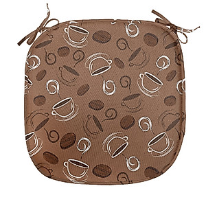 Lunarable Coffee Chair Seating Cushion Set of 2, Cup of Espresso Silhouettes with Beans Caffeine Source Gourmet Drinks Illustration, Anti-Slip Seat Padding for Kitchen & Patio, 16"x16", Brown White