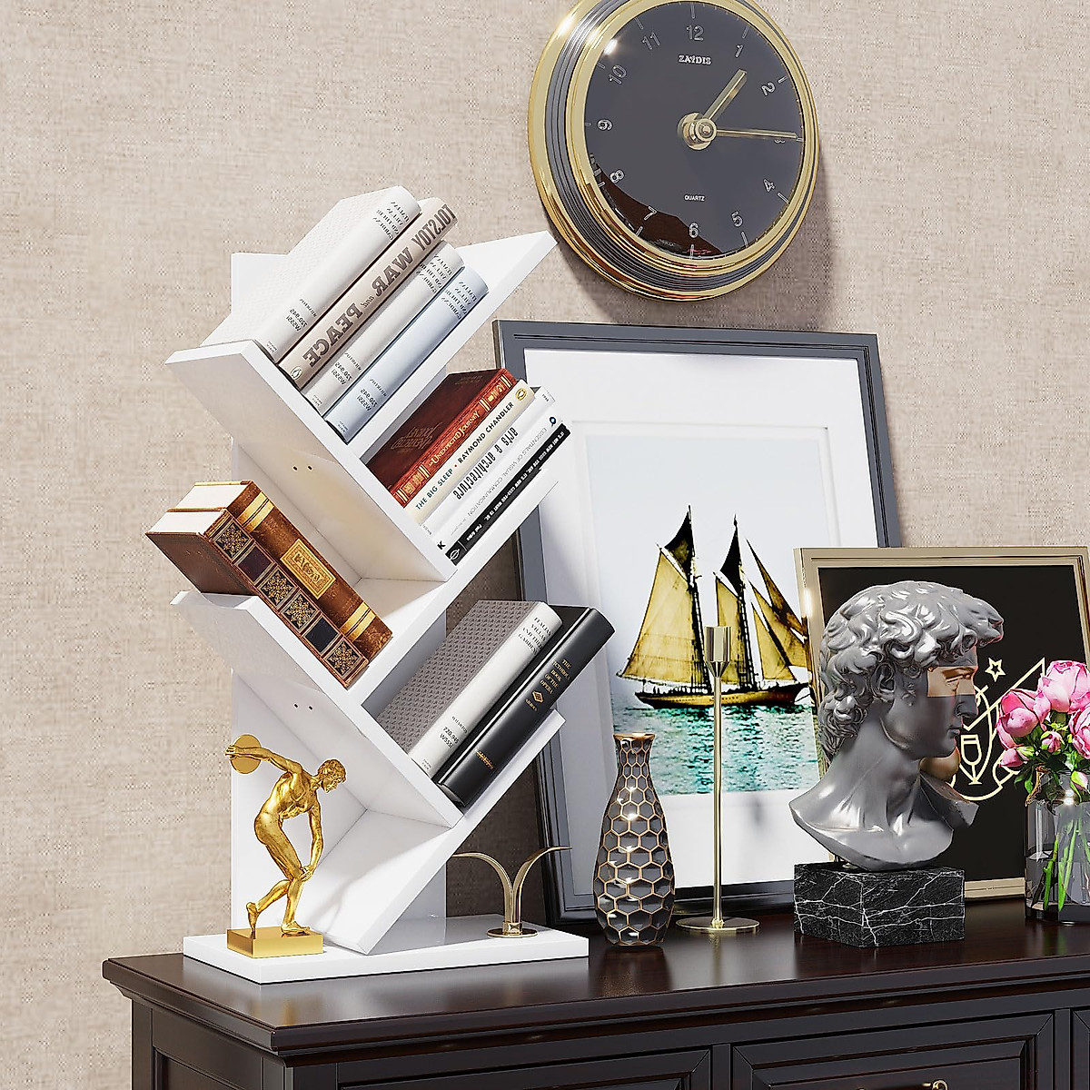 YMYNY 4 Tier Tree Bookshelf, Small Bookcase, Modern Wood Book Storage Rack, Freestanding Book Shelf for Books/Movies/CDs, Narrow Display Rack for Living Room, Home Office, Rustic Brown UHBC014H