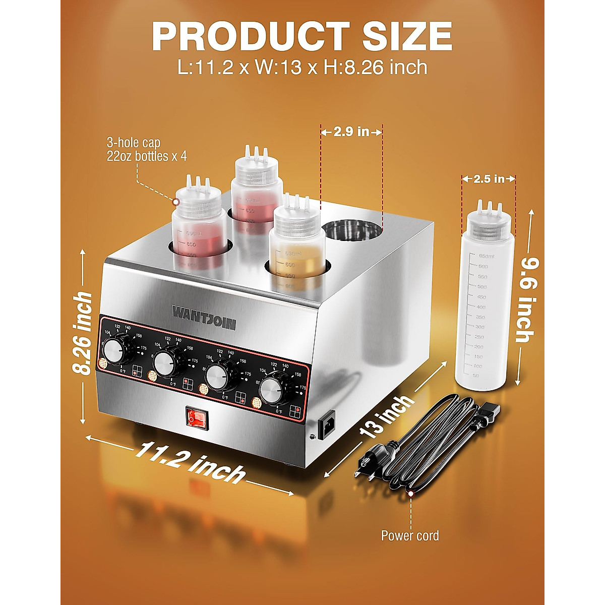 WantJoin Electric Sauce Warmer Dispenser, Countertop Stainless Steel Sauce Heat Preservation Machine 320W Hot Fudge Nacho Cheese Ketchup Chocolate Warmer for Commercial with 650ml Squeeze Bottle*4