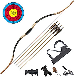TOPARCHERY Traditional Handmade Longbow Horsebow Recurve Bow and Arrow Set Archery Hungarian Style Horsebow with Wooden Arrows for Outdoor Training 30-50 lbs (50)
