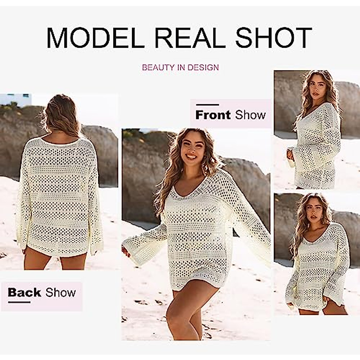 Dokotoo Women's 2023 Spring Summer Crochet Hollow Out Long Sleeve Beach Bikini Swimsuit Mesh Cover Up Tunic Top Apricot M