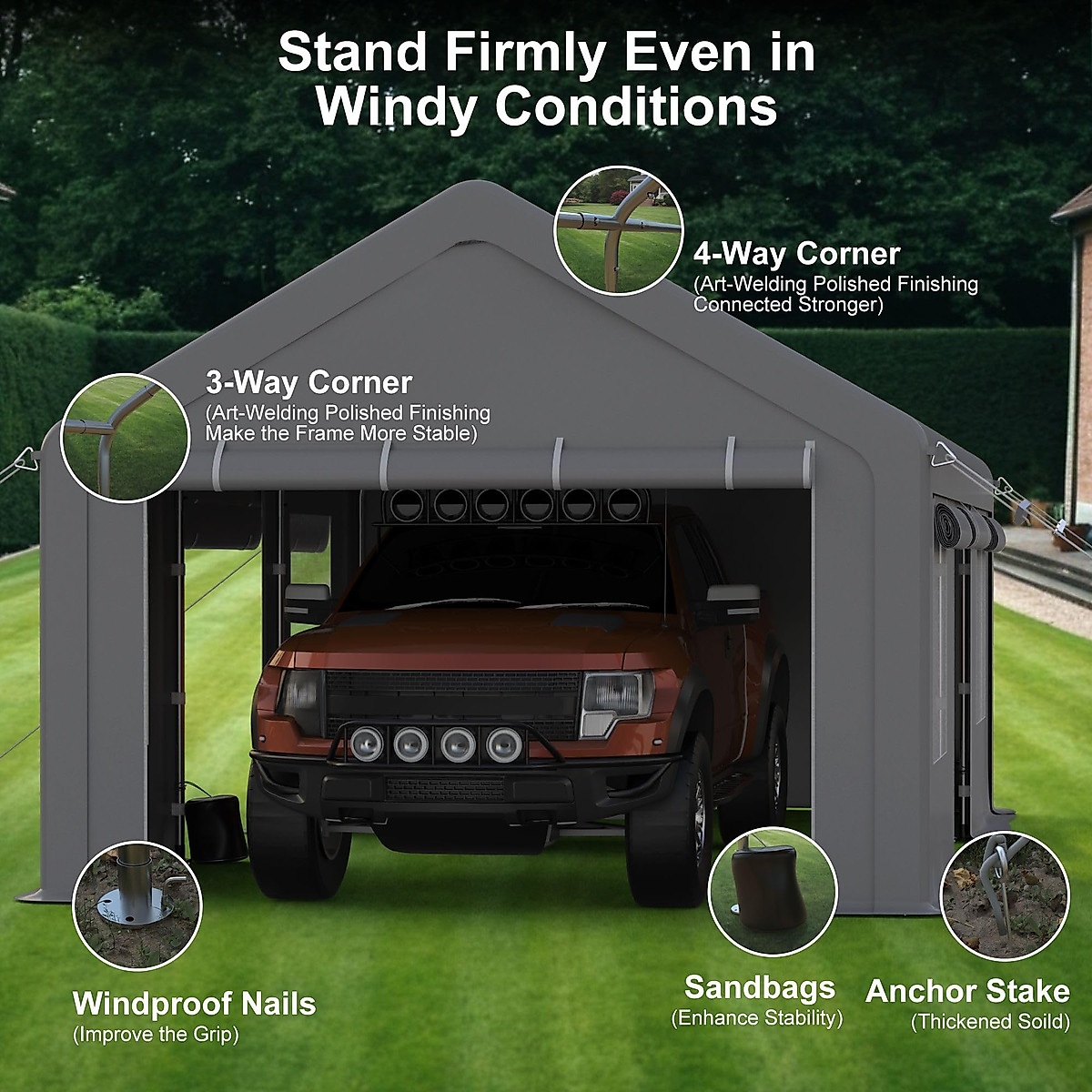 Carport 13x20ft Portable Upgraded Garage，Heavy Duty Carport with 4 Roll-up Doors & 4 Ventilated Windows, UV Resistant All-Season Waterproof Tarp, Reinforced Steel Poles, for Car, Truck, Boat
