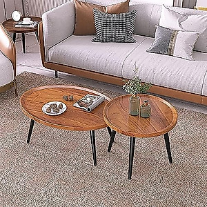 Nesting Coffee Table Oval,Wood Creative Sofa Side End Tables, Coffee Tables/Nightstand Set of 2,Black Metal Legs with Adjustable Foot Pad,for Living Room Bedroom Balcony (Color : Light Brown)