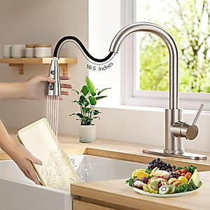 Stainless Steel Single Handle Spring Kitchen Sink Faucets with Sprayer,Contemporary Kitchen Faucet with Pull Down Sprayer, with Deck Plate (Brushed Nickel)